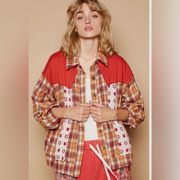 POL | Jackets & Coats | New Pol Red White And Orange Plaid Buttonup ...